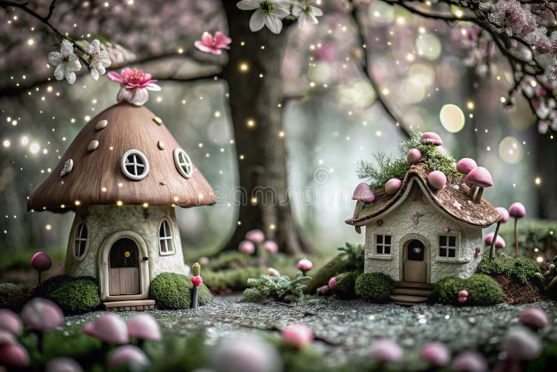 Fairy Houses, Mushroom Roofs, Spring Forest, Magical Scene Stock ...