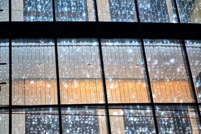 Fairy Lights in Big Windows As Christmas Background Stock Image - Image ...