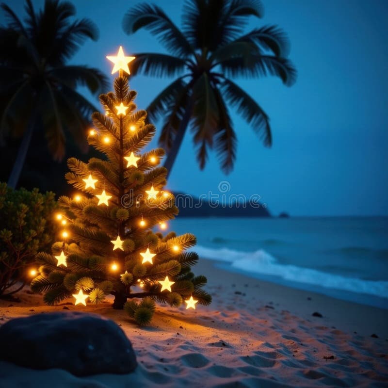 Fairy Lights Twinkle on an Aussie Christmas Tree, Beach Backdrop ...