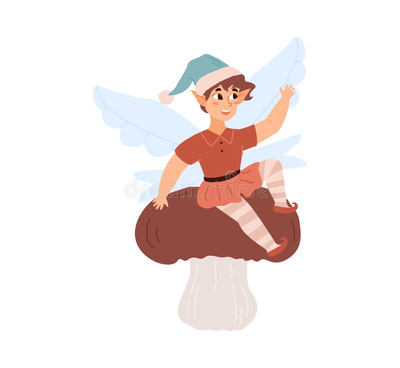Fairy Pixie Boy or Elf Sitting on Mushroom, Flat Vector Illustration ...