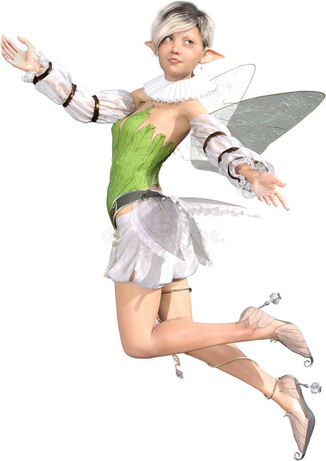 3d Illustration Of A Cute Female Pixie Crouching With Wings Open