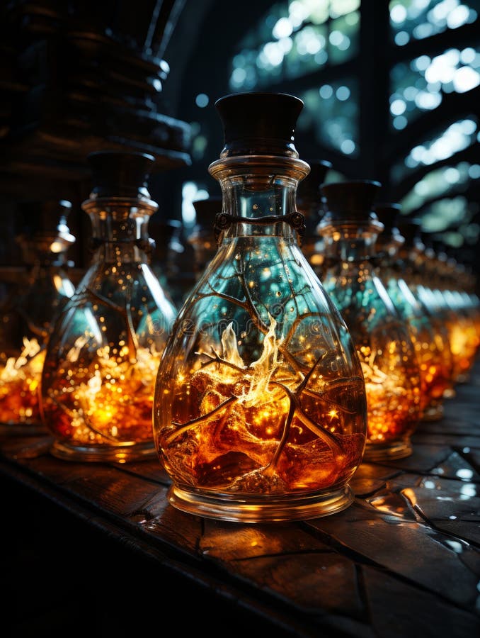 Fairy Potions in Bottles on Table Stock Image - Image of concept ...