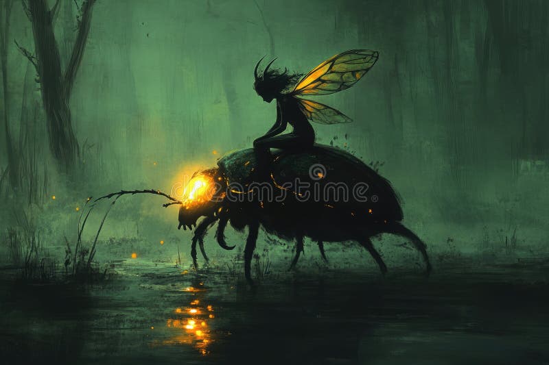 A Fairy Riding a Glowing Beetle through a Dark Swamp Stock Illustration ...