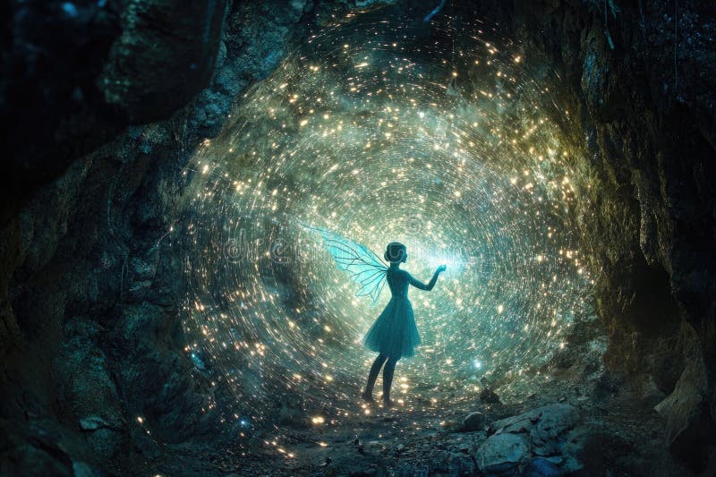 A Fairy Spinning a Web of Glowing Threads in a Cave Stock Illustration ...