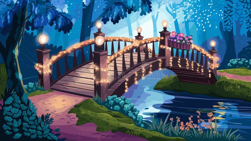 Fairy Tale Bridge with Twinkling Lights and Flowers Spanning River in ...