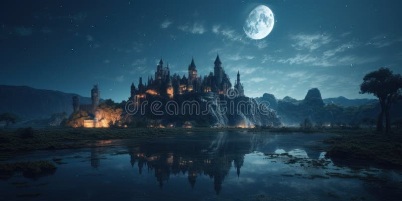 Fairy-tale Castle on a Background of the Night Sky with Full Moon Stock ...