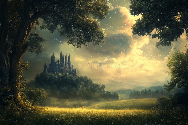 Fairy-tale Castle with the Night Starry Sky in the Background Stock ...