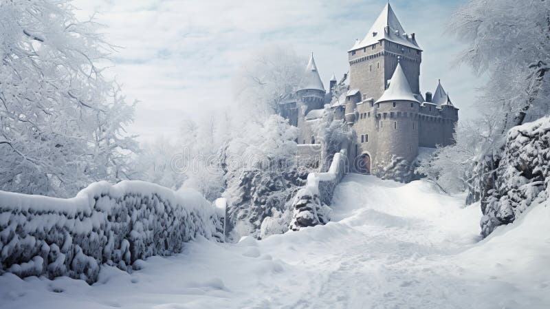 A Fairy Tale Castle Surrounded by Snow and Trees Stock Illustration ...