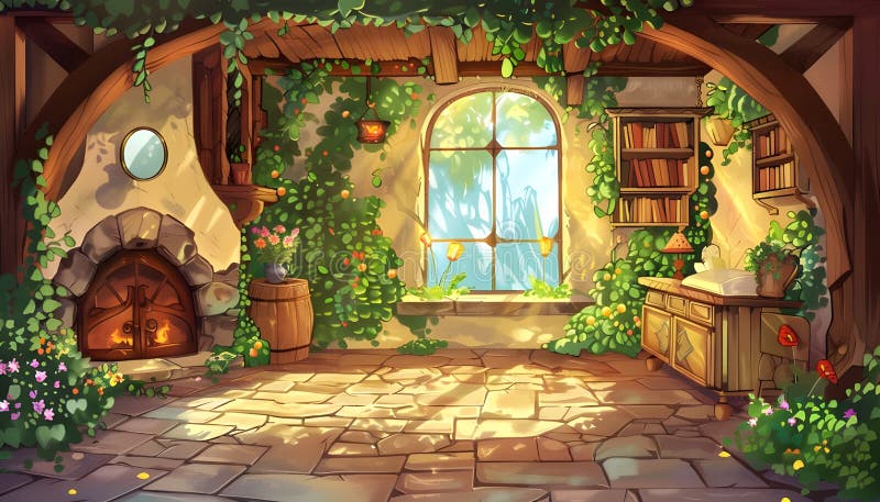 Fairy Tale Cottage Interior. Fiction Children Backdrop Stock ...