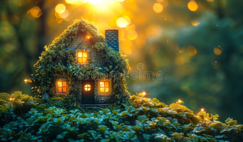 Fairy Tale Cottage at Sunset. a Small, Moss-covered Cottage with Lit ...
