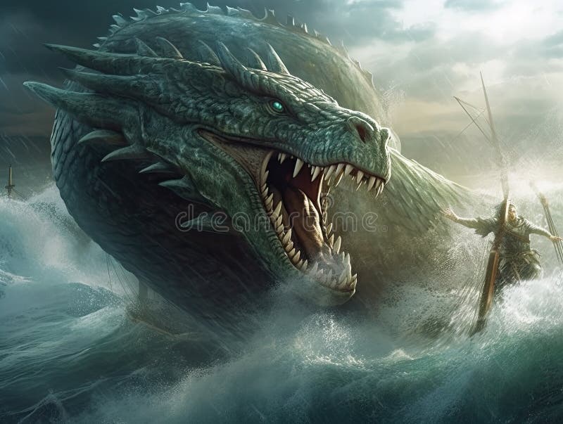 A Fairy-tale Dragon Attacks a Small Ship in the Ocean. Created by AI ...