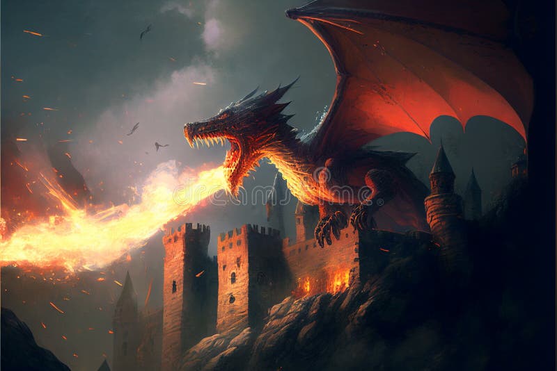 Fairy-tale Dragon Breathes Fire Against the Background of an Ancient ...