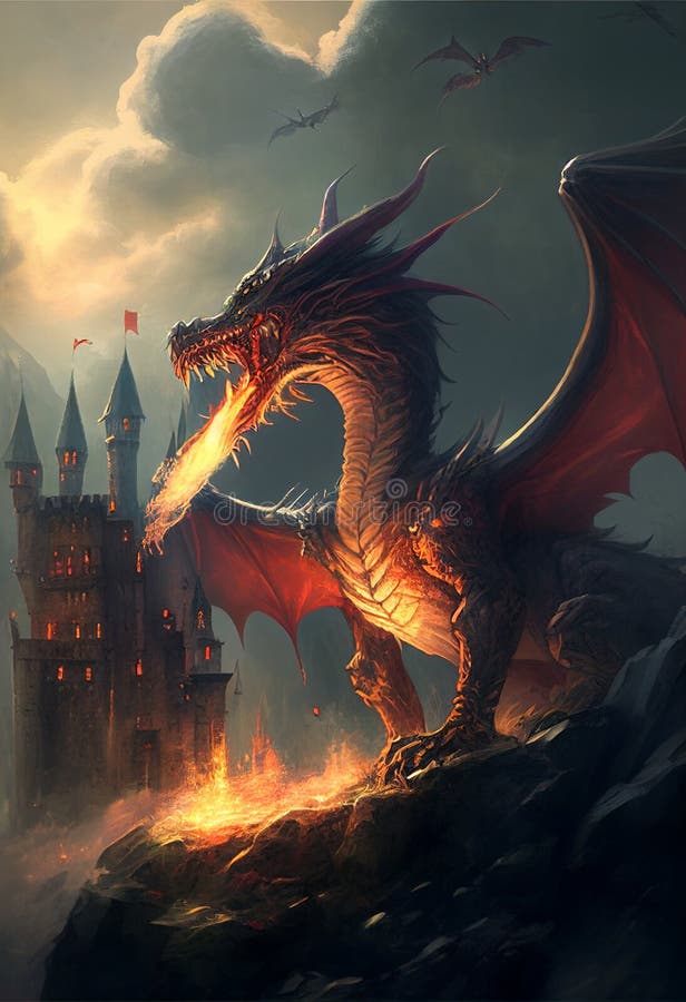 Fairy-tale Dragon Breathes Fire Against the Background of an Ancient ...