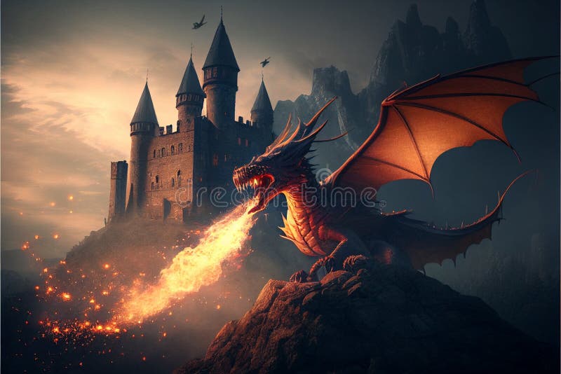 Fairy-tale Dragon Breathes Fire Against the Background of an Ancient ...
