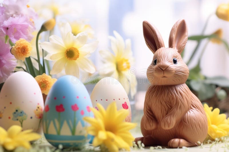 A Fairy-tale Easter Setting with a Cute Chocolate Bunny and an Array of ...