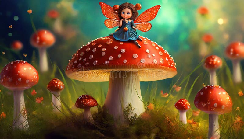 Fairy Tale Fairy in Red on a Toadstool Stock Illustration ...