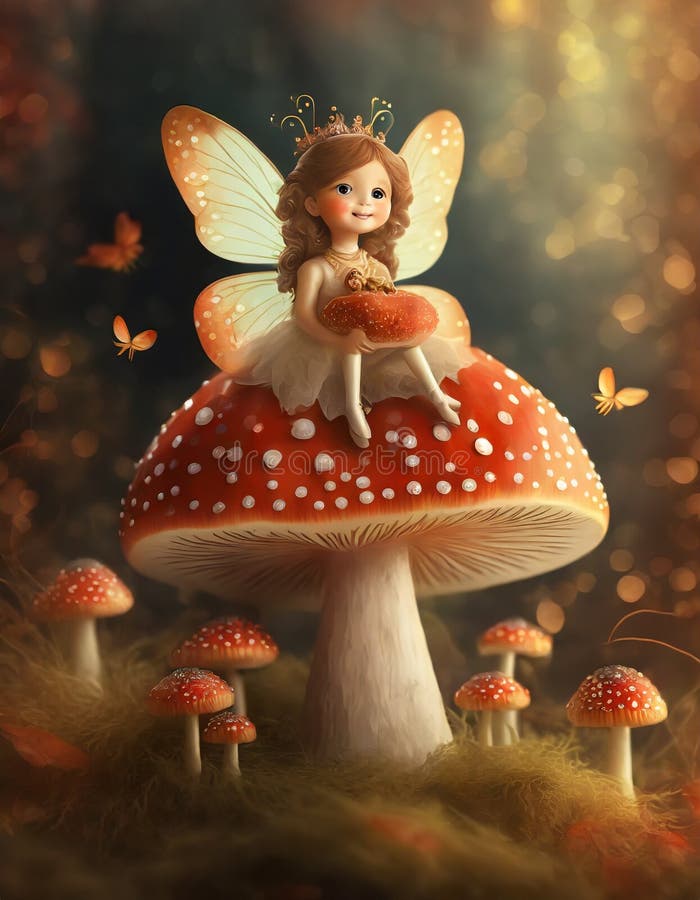 Fairy Tale Fairy in Red on a Toadstool Stock Illustration ...