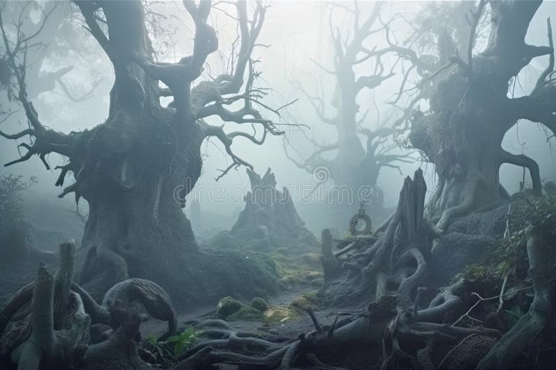 Fairy Tale Forest with Gnarled Trees and Magical Creatures, Surrounded ...
