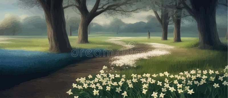 Fairy Tale Forest with Path and Flowers in Clearing, Spring Park Sun ...