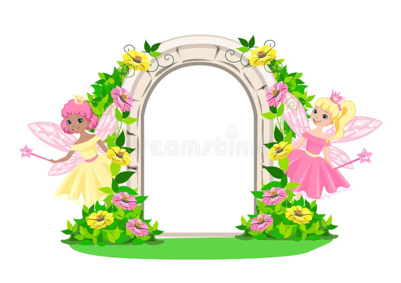 Fairy Tale Frame with Two Beautiful Little Fairies and Princesses Stock ...