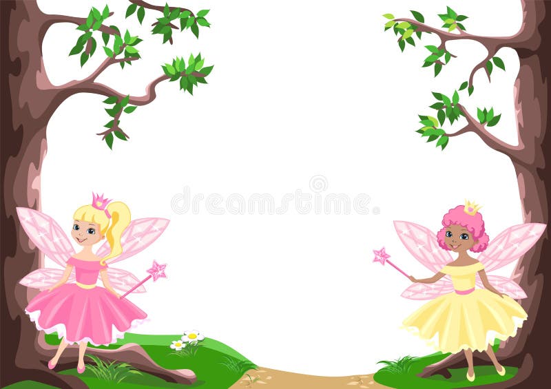 Fairy Tale Frame with Two Beautiful Little Fairies and Princesses Stock ...