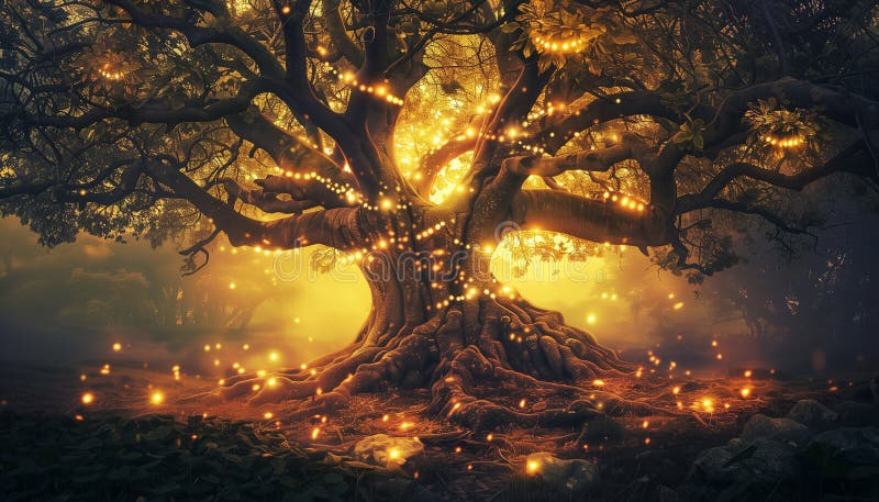 A Fairy Tale Fruit Tree Illuminated by Magic Light Stock Illustration ...