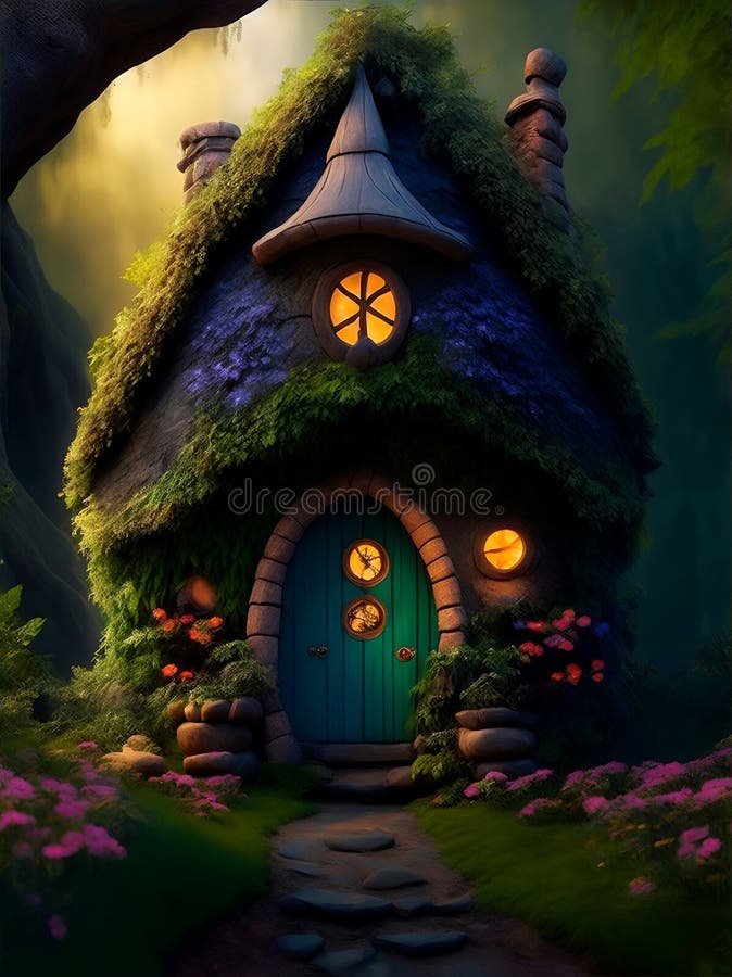 Fairy Tale House with Moss on the Roof in the Woods Stock Illustration ...