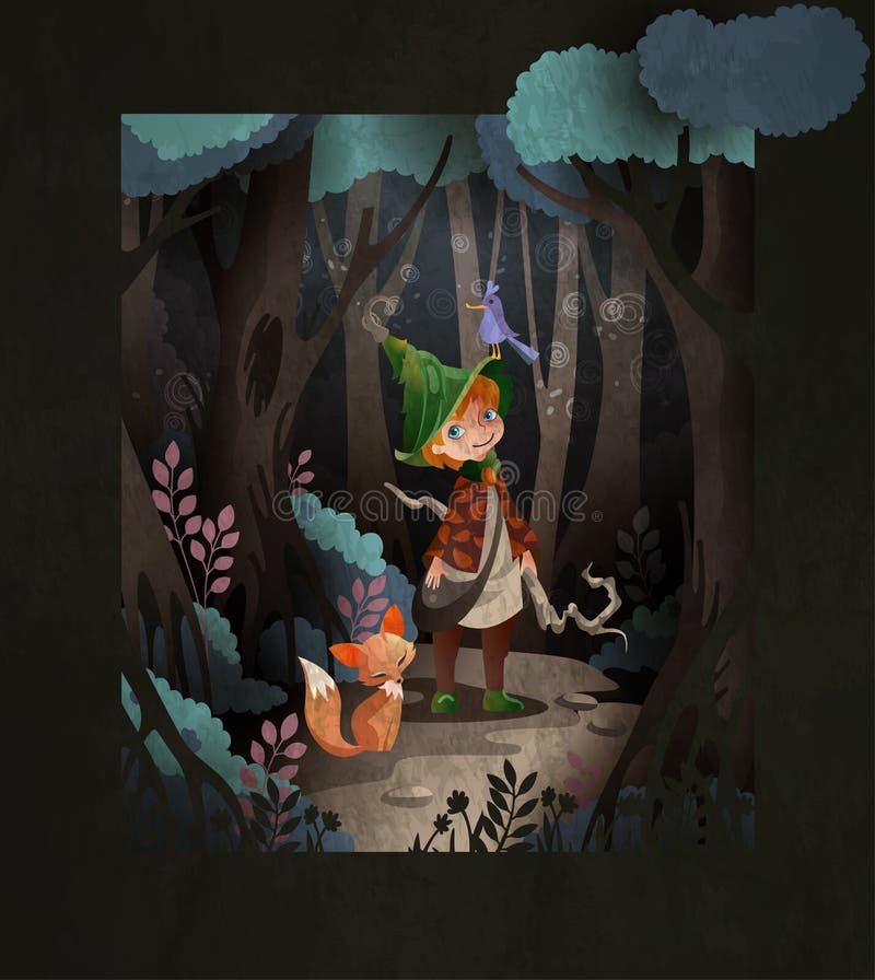 Fairy Tale Illustration Cute Little Boy Wizard in Front of Night Forest ...