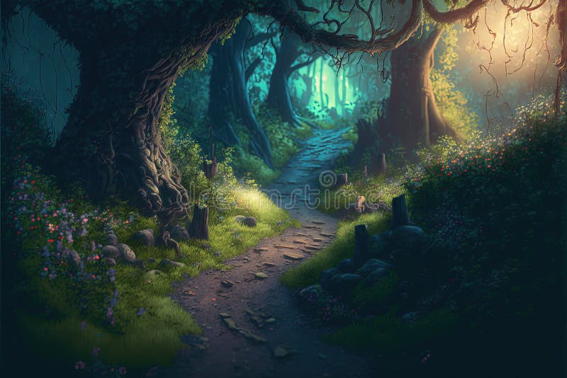 Fairy Tale Image with Fairy Forest, Tall Trees and Green Grass, and a ...