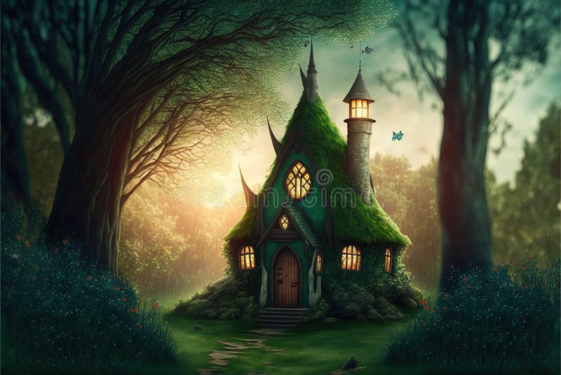 Fairy Tale Fantasy Forest with Green Grass and Little Cottage House in ...