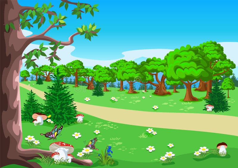 Path through a Fairy Tale Forest with Big Old Trees and a Flowering ...