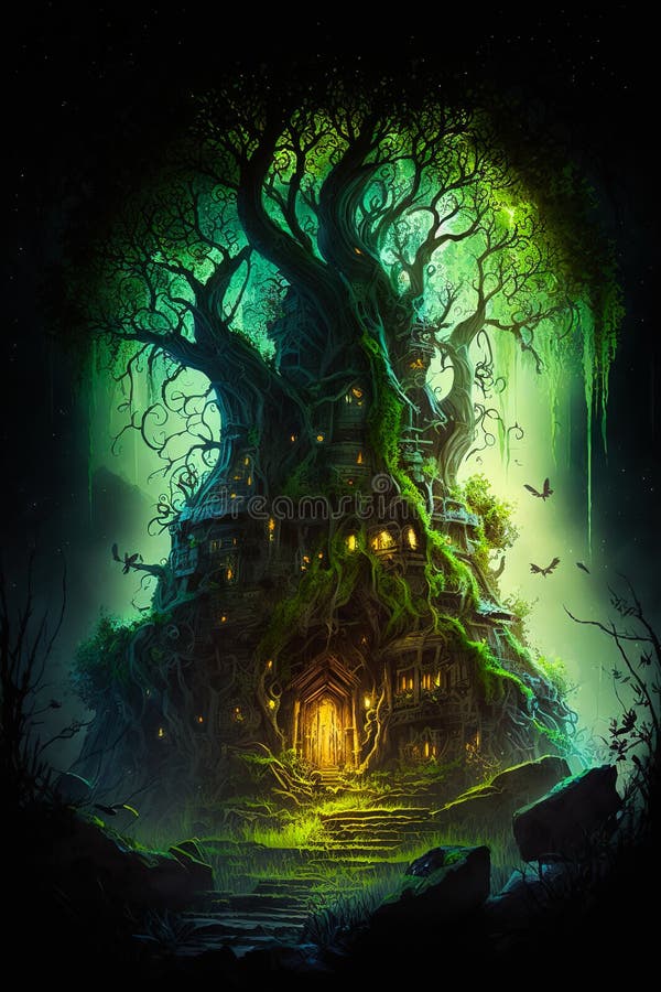 A Fairy-tale, Magical Tree in a Dark Forest with a House and Small ...
