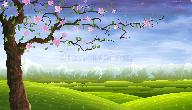 Fairy-tale Rolling Landscape and a Blooming Tree Stock Vector ...
