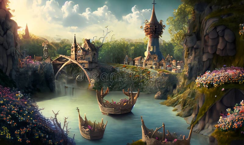 A Fairy-tale Town with a Castle Stock Illustration - Illustration of ...