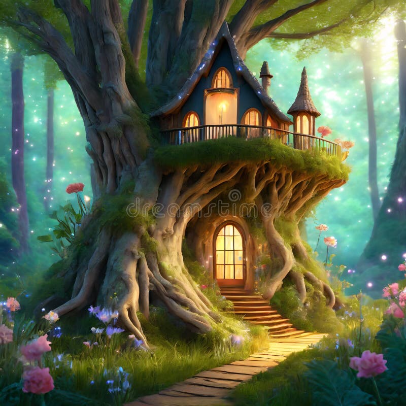 Fairy tale tree house stock illustration. Illustration of house - 325830548