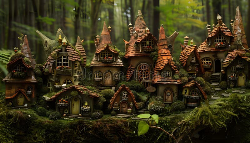 Fairy village in a forest stock illustration. Illustration of ...