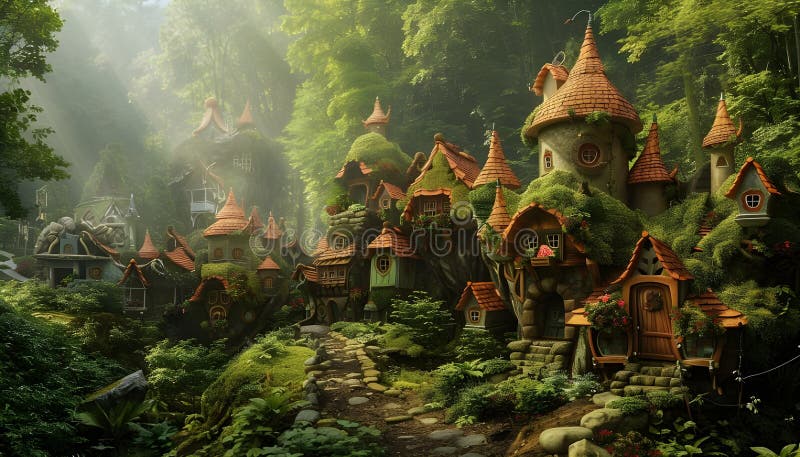 Fairy village in a forest stock illustration. Illustration of woods ...