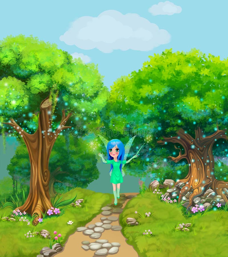 Fairy Walking on a Path through the Magical Forest. Illustration Stock ...