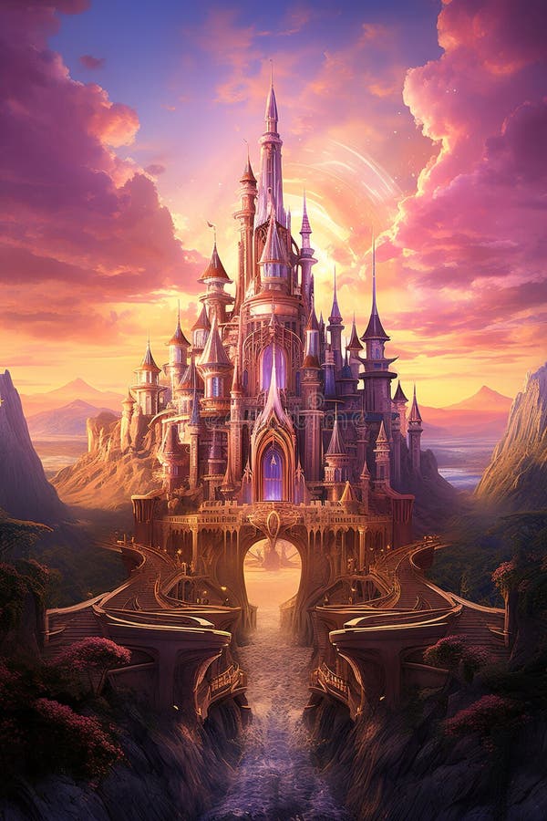 Fairytale Ancient Castle on Pink Sunrise or Sunset in Mountains ...