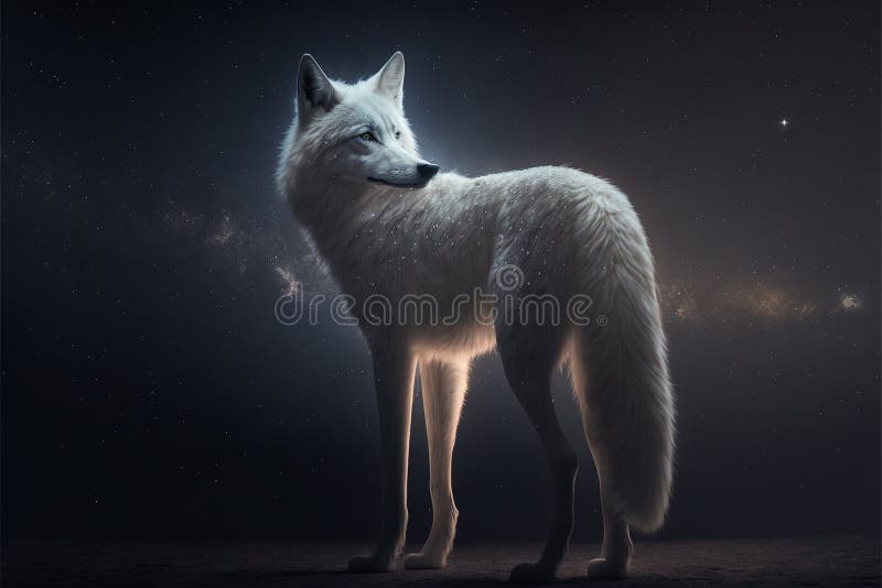 Fairytale Background of a White Wolf Standing on Starry Night with Full ...