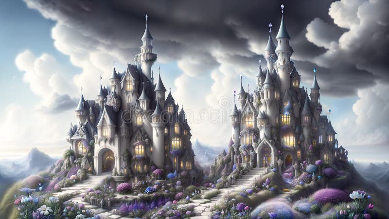 Fairytale Black Castle in the Clouds Stock Illustration - Illustration ...