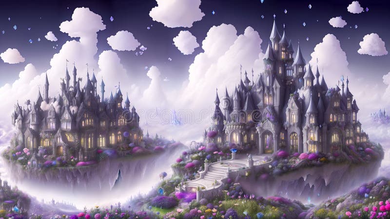 Fairytale Black Castle in the Clouds Stock Illustration - Illustration ...