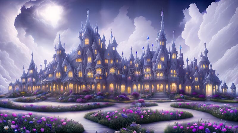 Fairytale Black Castle in the Clouds Stock Illustration - Illustration ...