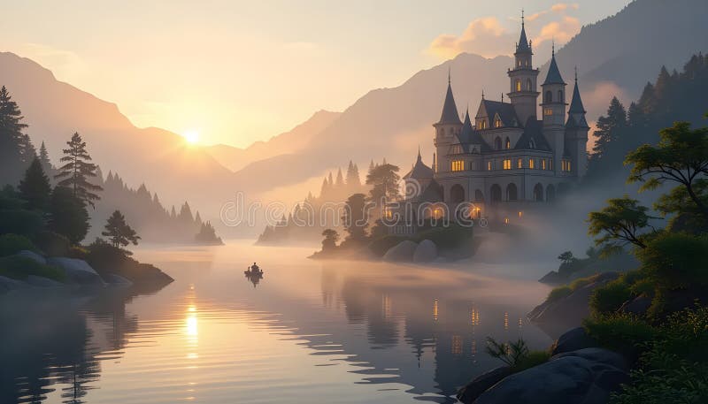 Fairytale Castle at Dawn: Misty Lake and Mountain Landscape Stock Image ...