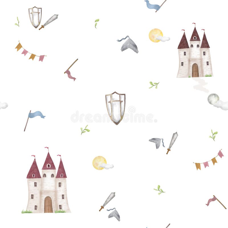 Fairytale Castle with Flags in Seamless Pattern. Knight S Shield and ...