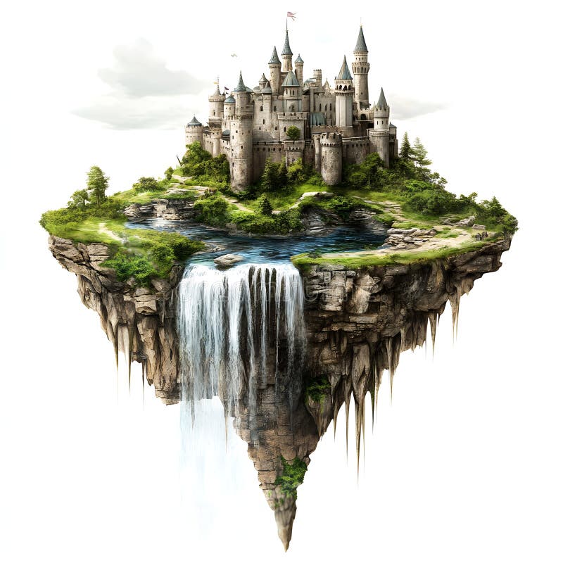 Fairytale Castle on a Floating Island with Waterfall Fantasy Landscape ...