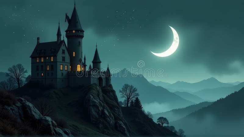 Fairytale Castle on a Hilltop Under a Crescent Moon with Copy Space ...