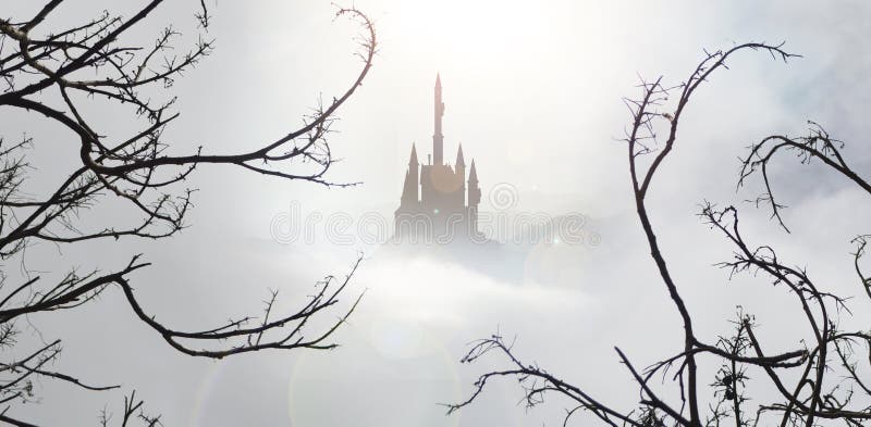 Fairytale castle in mist stock illustration. Illustration of mist ...