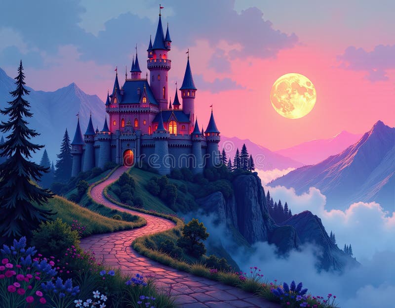 Fairytale Castle on a Mountaintop at Sunset with Full Moon Stock ...