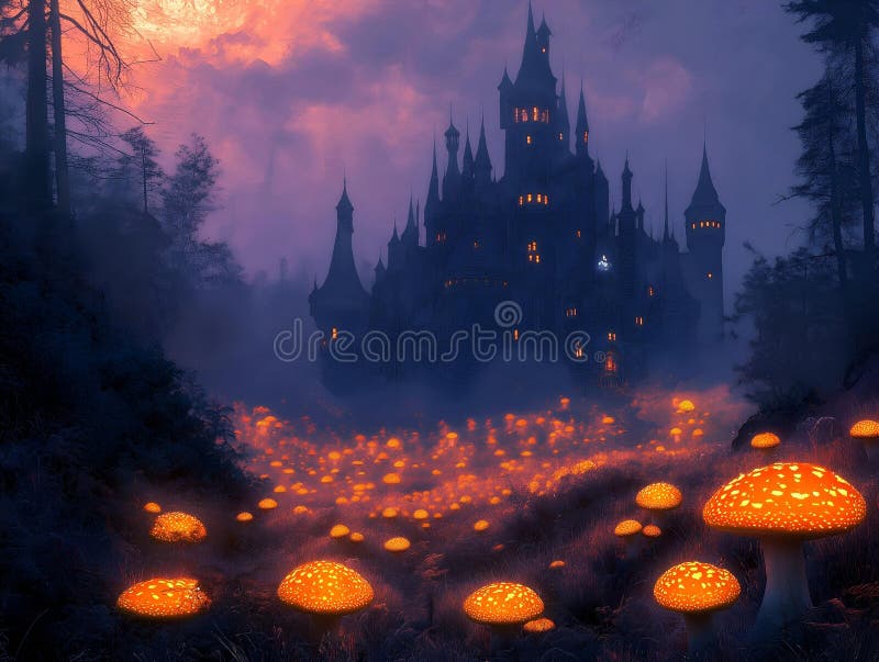 Fairytale Castle: Orange Mushrooms, Night, Magical Scene Stock ...
